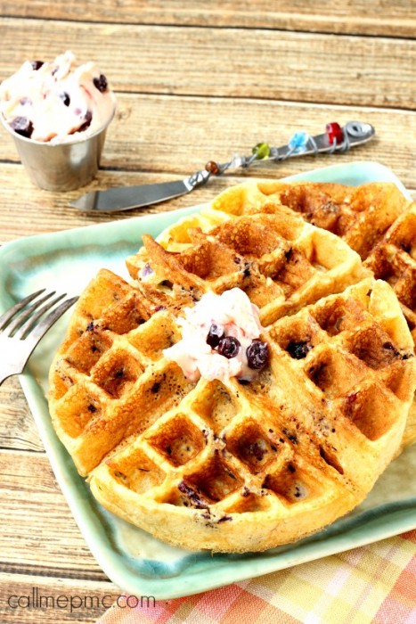 Blueberry Cornmeal Waffles with Blueberry Butter